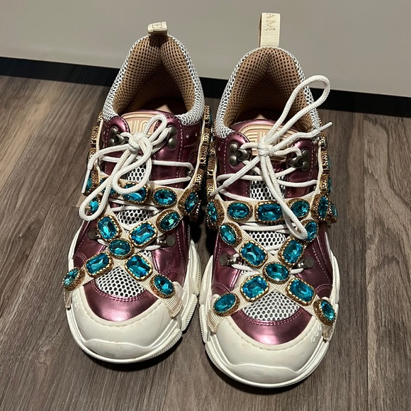 Gucci | Shoes | Gucci Embellished Platform Sneakers Pink Metallic With ...